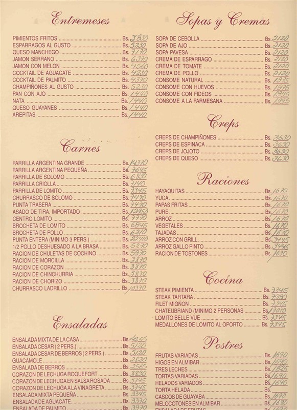 Belle Vue Restaurant Menu & Prisma Bar Menu Caracas Venezuela | eBay UK