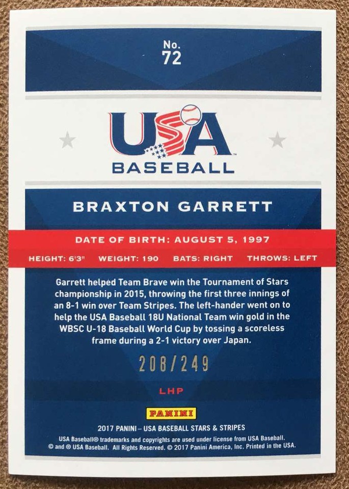 Braxton Garrett 2017 Panini Stars & Stripes Longevity Ruby #72 /249 ...