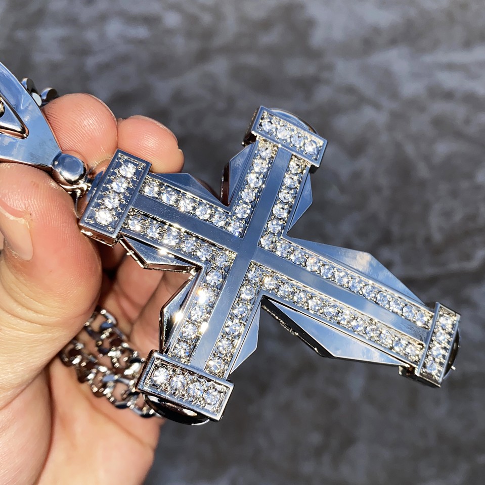 Men Huge Double Cross Pendant Jesus Necklace Silver Tone Hip Hop Cuban ...