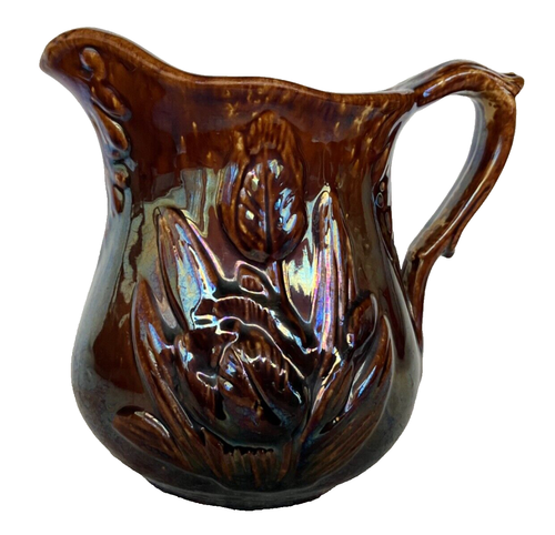 Antique Bennington Rockingham 6" Pitcher With Tulips in Gorgeous Browns ...