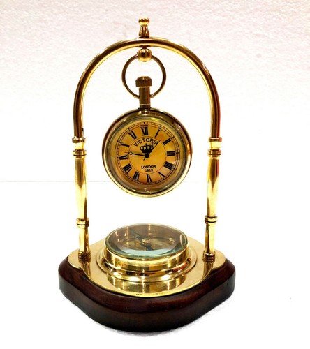 Antique Brass Table Clock Compass Style Nautical Maritime Ship Desk ...