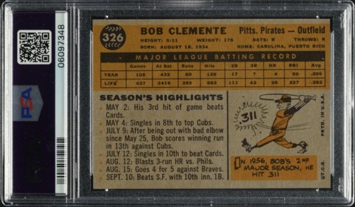 1960 Topps #326 Bob (Roberto) Clemente PSA MINT 9 (None Graded Higher ...