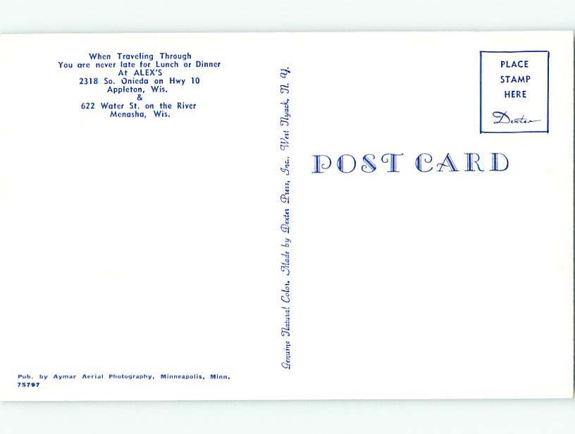 Unused Pre-1980 ALEX'S RESTAURANT Appleton - Menasha Wisconsin WI v6815 ...