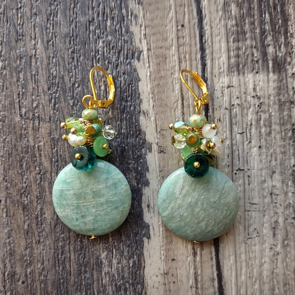 Handmade Bauble Gem / Glass / Pearl Mix Gold Tone Chandelier Earrings ...