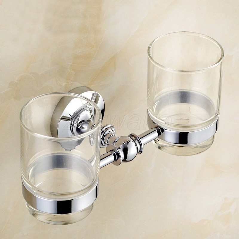 Polished Chrome Wall Mounted Bathroom Toothbrush Holder with Two Glass ...