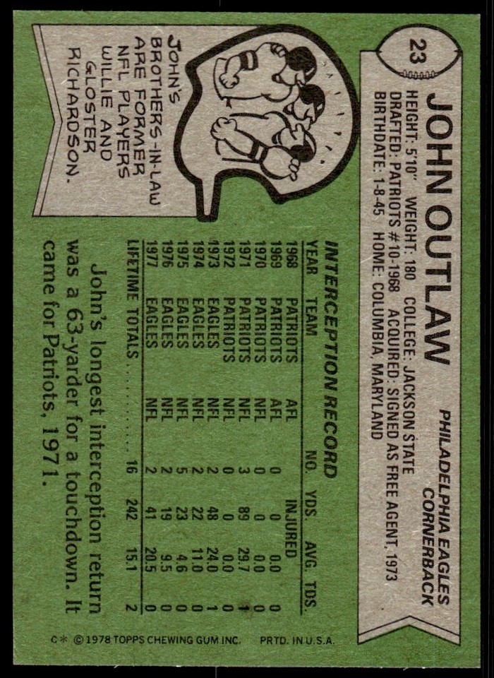 1978 TOPPS JOHN OUTLAW K PHILADELPHIA EAGLES #23 | eBay
