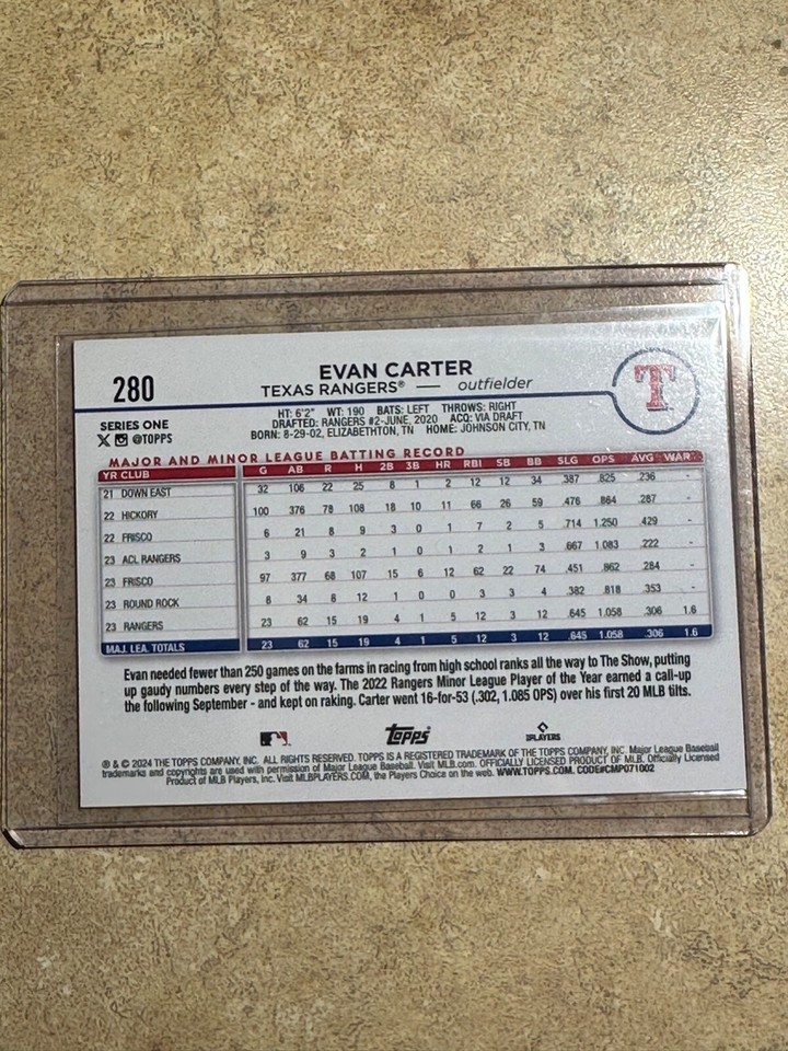 Evan Carter Rookie RC 2024 Topps Series 1 Baseball Card #280 Texas ...