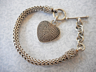 BA Oxdized Sterling Silver Cable With Pebbled Heart 7-1/2" Bracele t 59 ...