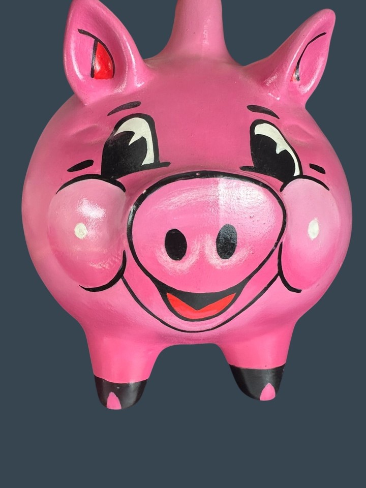 Vintage Hand Painted Pink Piggy Bank Ceramic Smiling Pig Coin Bank Made ...