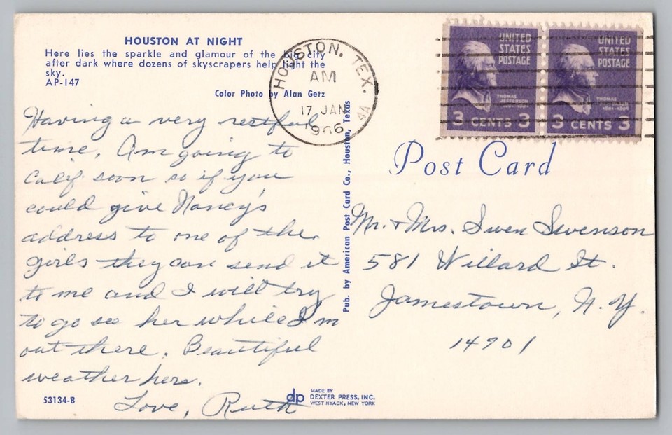 Vintage Houston TX Skyline Night Color Photo Postcard by Alan Getz 1966 ...