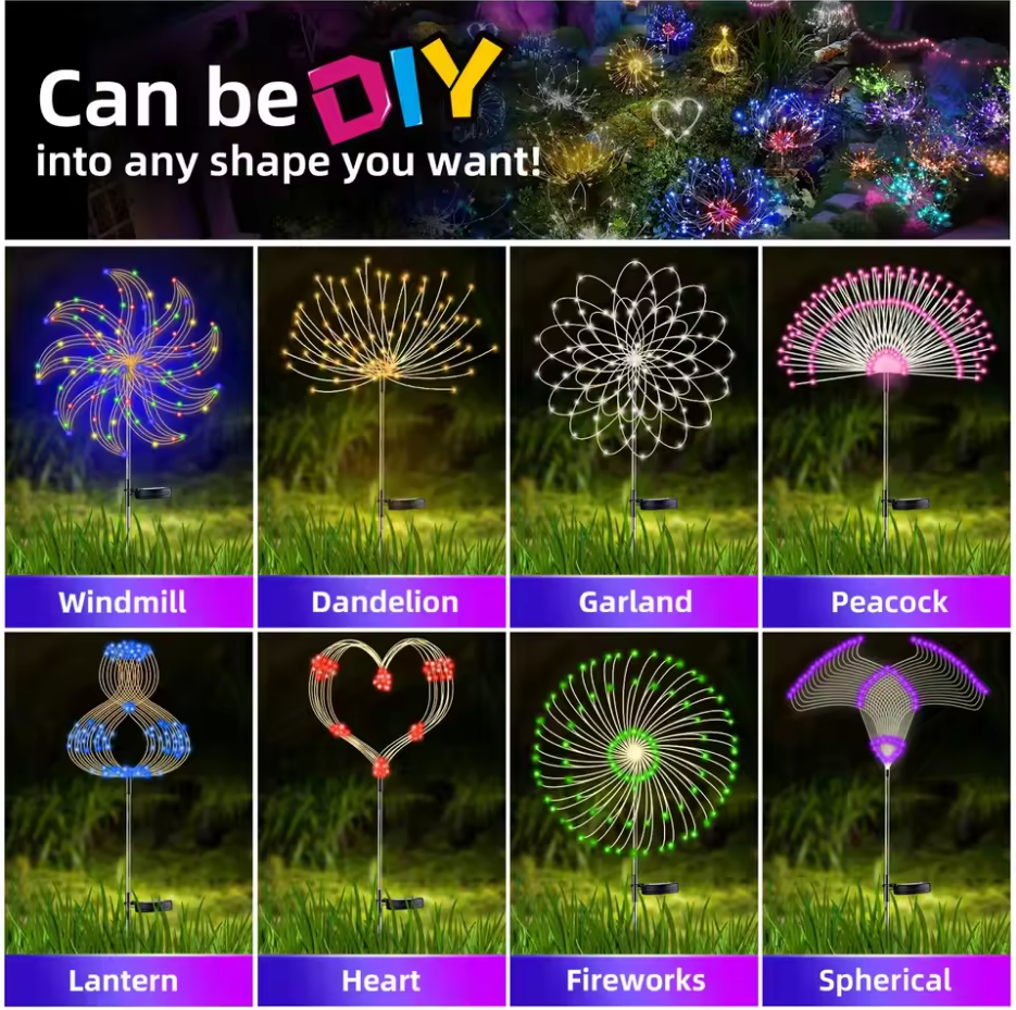 150 LED Solar Firework Lights Outdoor Waterproof Path Lawn Garden Decor ...
