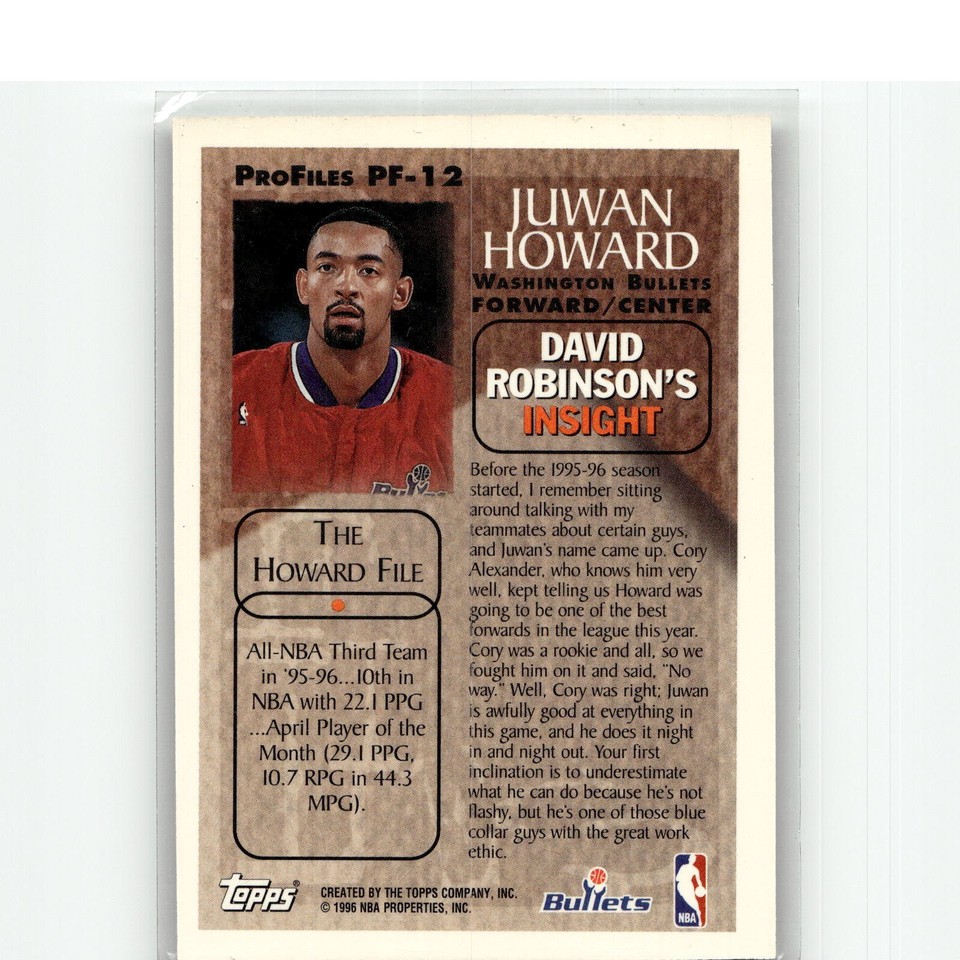 Juwan Howard 1996-97 Topps Pro Files By David Robinson Washington ...