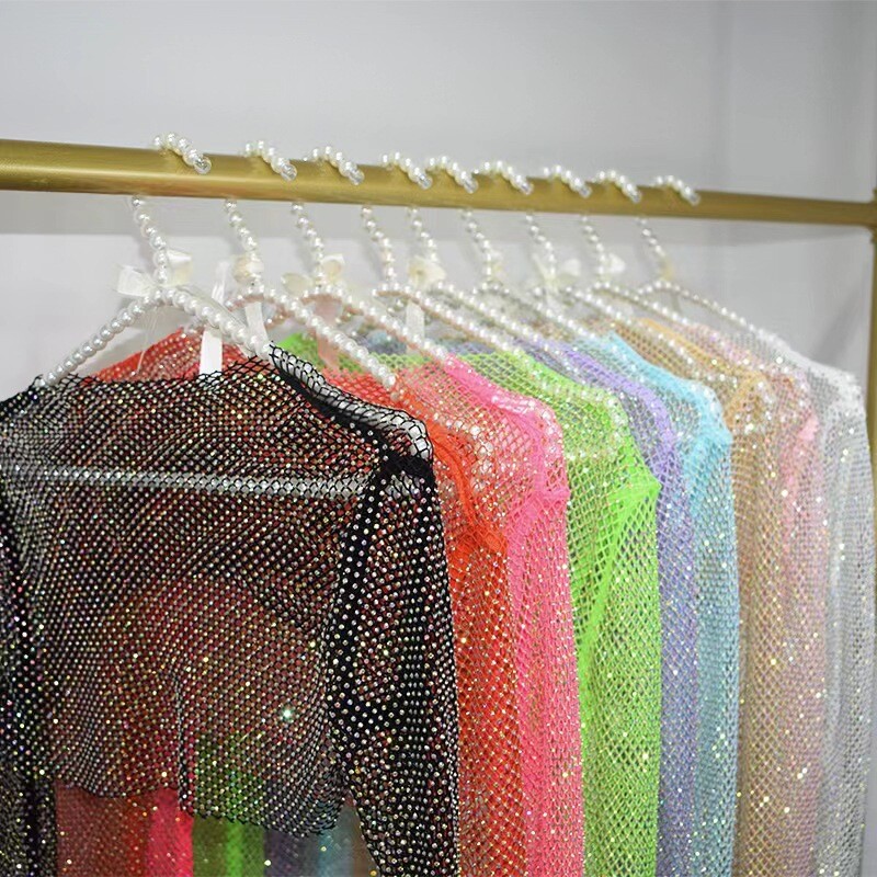 Top for Women Sparkly Rhinestone Shiny Diamante Bling Long Sleeve Net ...