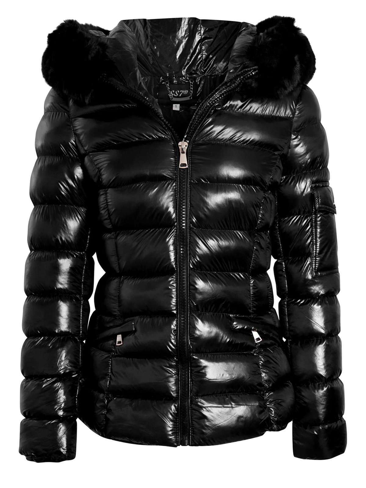 Womens Shiny Coat Winter Showerproof Faux Fur Hooded jacket Size 10 12 ...