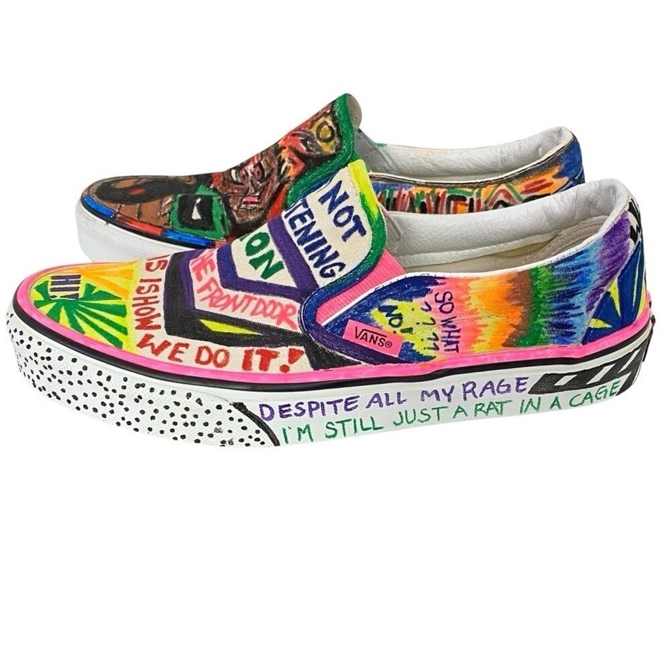 VANS Sneakers Custom Hand Drawn Graffiti Slide On Shoes Women 7.5 Men 6 ...
