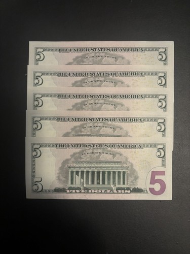 5 ($5 Bills) - Five Uncirculated Five Dollar Bills In Sequential Order ...