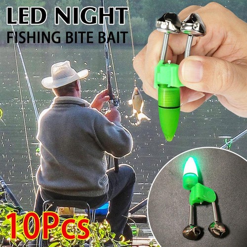 10 PCS LED Night Fishing Bite Bait Alarm 2 Bells Light Rod Tip Clip ...