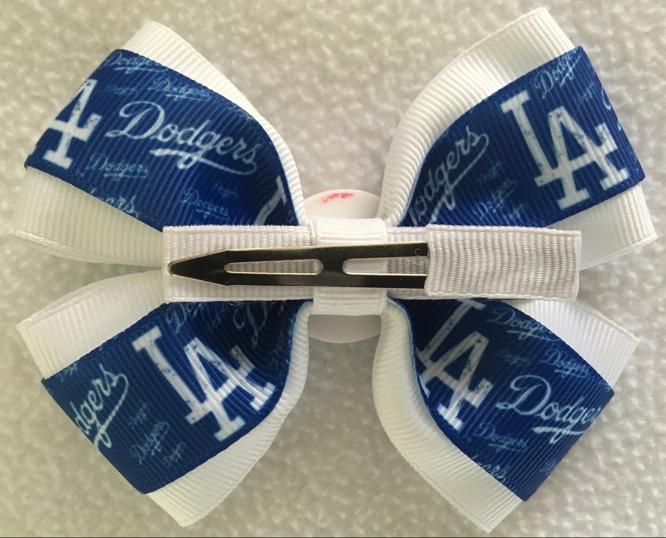 Girls Hair Bow 4" Wide Dodgers Baseball White/Blue Grosgrain Alligator ...