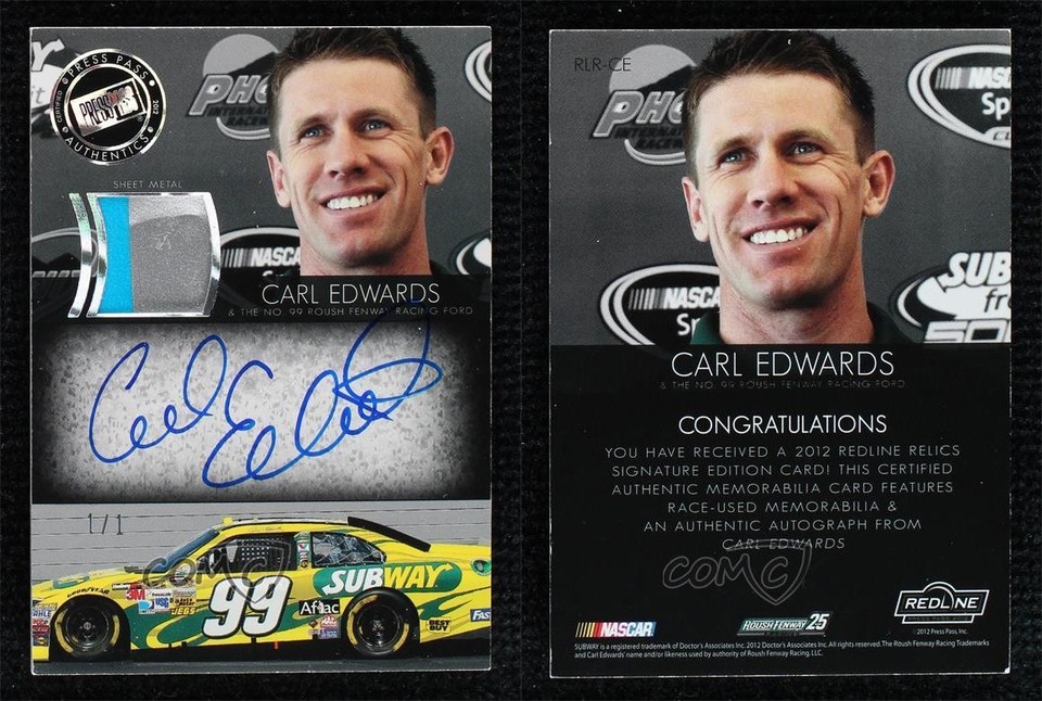 2012 Press Pass Redline Relic Auto Melting 1/1 Carl Edwards #RLR-CE ...
