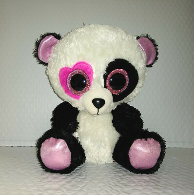 Ty Beanie Boo MANDY the Panda Bear 9in Plush Pink Glitter Eyes Heart ...