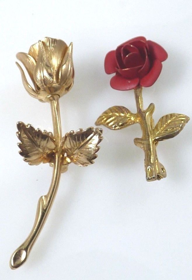 Rose Brooch Pins Gold Tone Metal with Leaves Stems Red Enamel Lot of 2 ...
