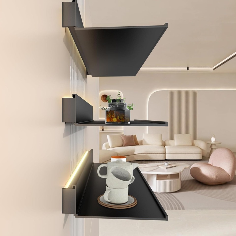 Floating Display Shelf w/ LED Light and Transformer, Black Metal Shelf ...