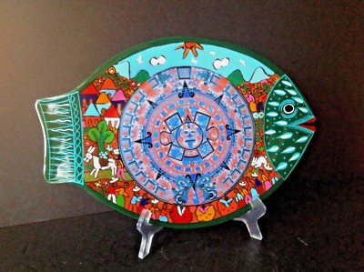 Vintage Mexican Pottery Handpainted Fish Shape Aztec Calendar Wall ...