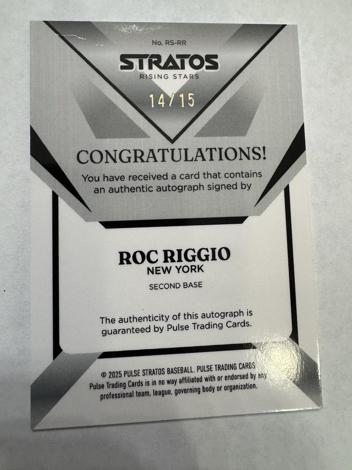 🔥2025 Pulse Stratos ROC RIGGIO Rising Stars Green Foil AUTO #D /15 SSP ...
