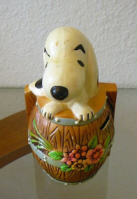 Vintage Plaster Snoopy on Barrel Coin Bank Free Shipping | eBay