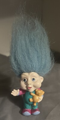 Applause Magic Troll Baby with Teddy Bear 3in Blue Hair Small Doll Vtg ...