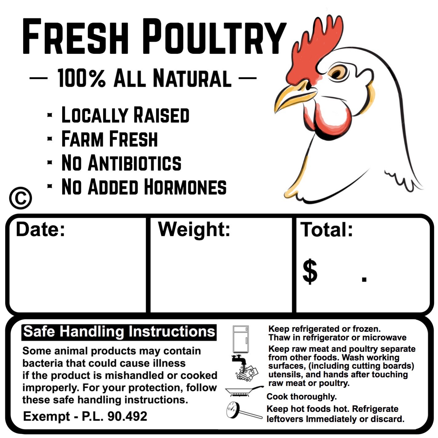 100 Poultry Freezer Labels 3.5”X 3.5” Safe Handling Instructions MADE ...