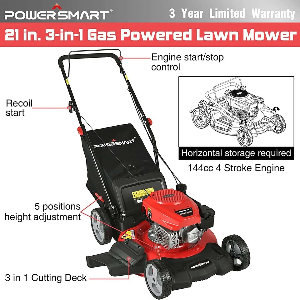 PowerSmart Hand Push Lawn Mower Gas Powered 144cc with Steel Deck 21" 3 ...