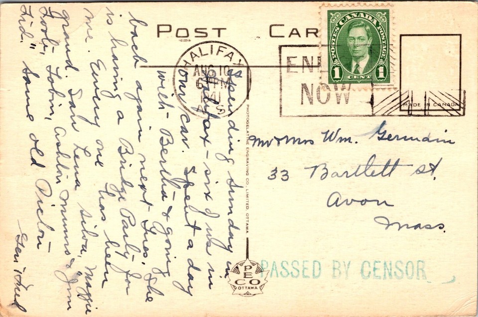North West Arm Nova Scotia Memorial Tower Postcard Censor Enlist Now ...
