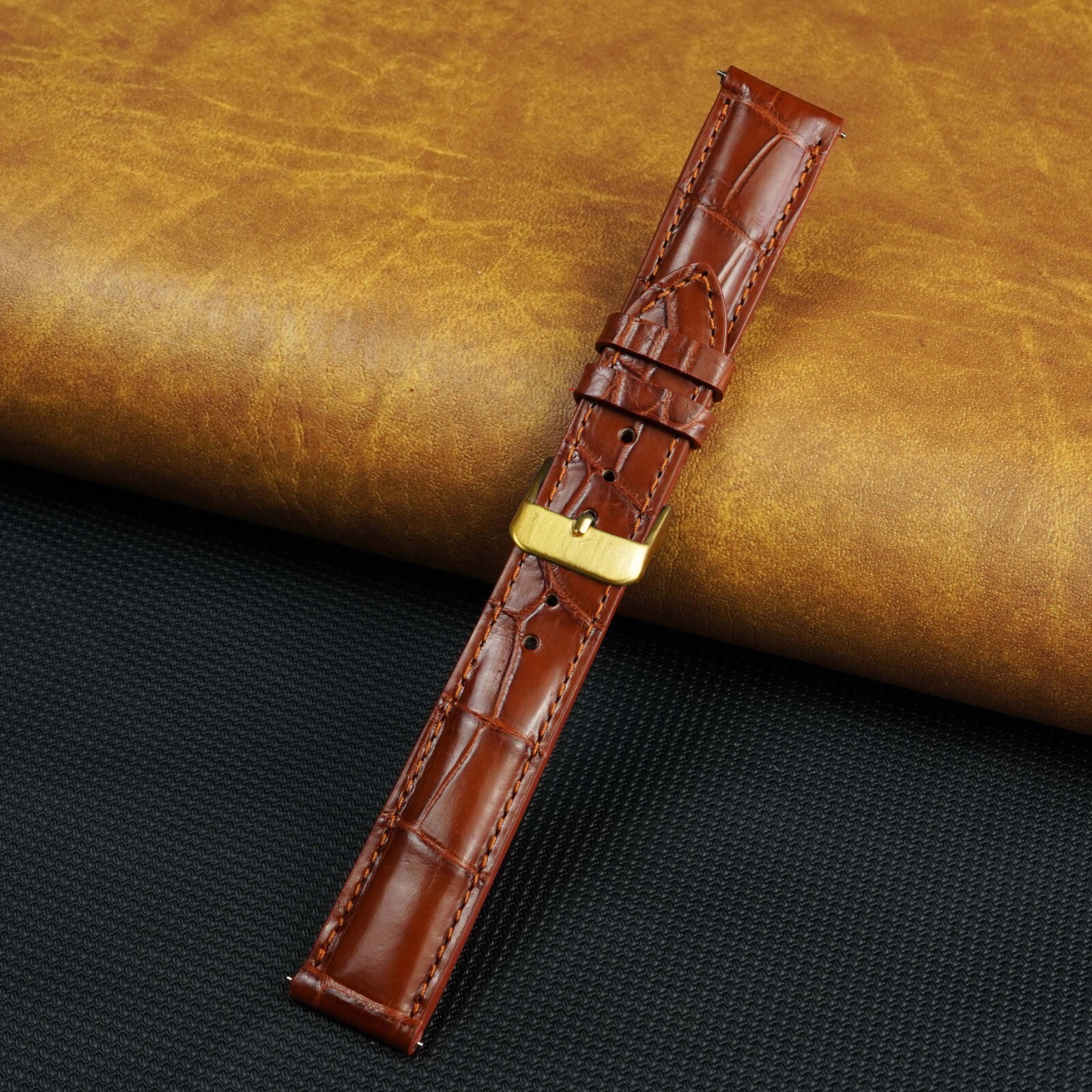 Brown Crocodile Watch Band Real Leather Watch Strap Gold Buckle Quick ...
