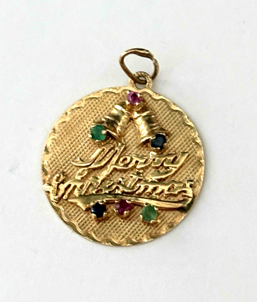 Vintage 14K Gold Merry Christmas Charm Pendant Heavy Large 1.1” Bells ...