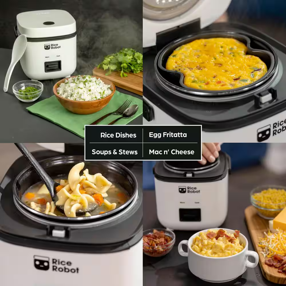 RICE ROBOT 4-Cup White Space Saving Rice Cooker with Ceramic Nonstick ...