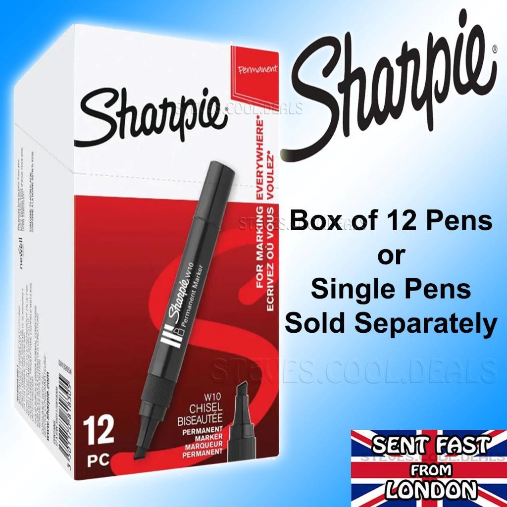 Sharpie W10 Permanent Marker Pen Chisel Tip nib Black ink pens 12 pack ...