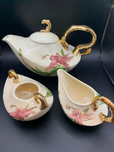 Hull Woodland Rose Tea Pot W26 W28 W27 Sugar, Creamer, Gold Handles ...