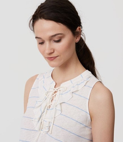 NWT Ann Taylor LOFT Ivory blue Striped Lace Up Ruffle Shell tank top ...
