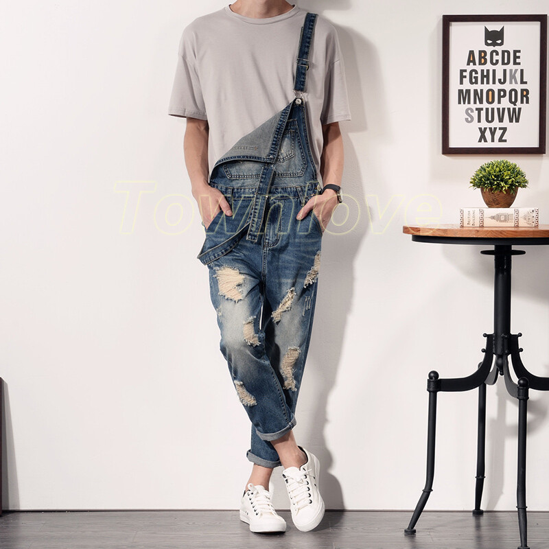 Men Slim Ripped Hole Casual Denim Overalls Jumpsuit Jeans Cowboy Pants ...