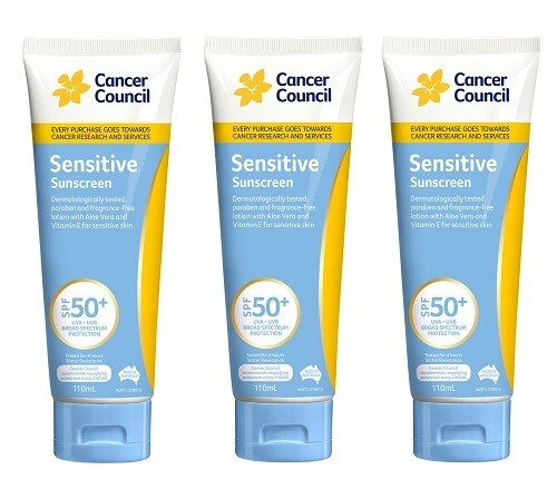 3 x Cancer Council Sensitive Sunscreen SPF50+ 110mL Paraben Fragrance ...