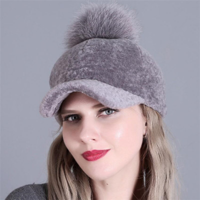 Winter Womens Peaked Caps with Fox Fur Pom Pom Hats Full-pelt Sheep ...