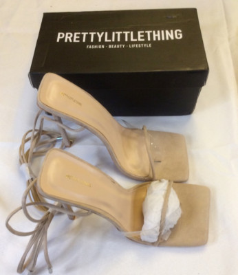 Pretty Little Thing Sandals Womens 6 Slim Heels Shoes Beige Strappy | eBay