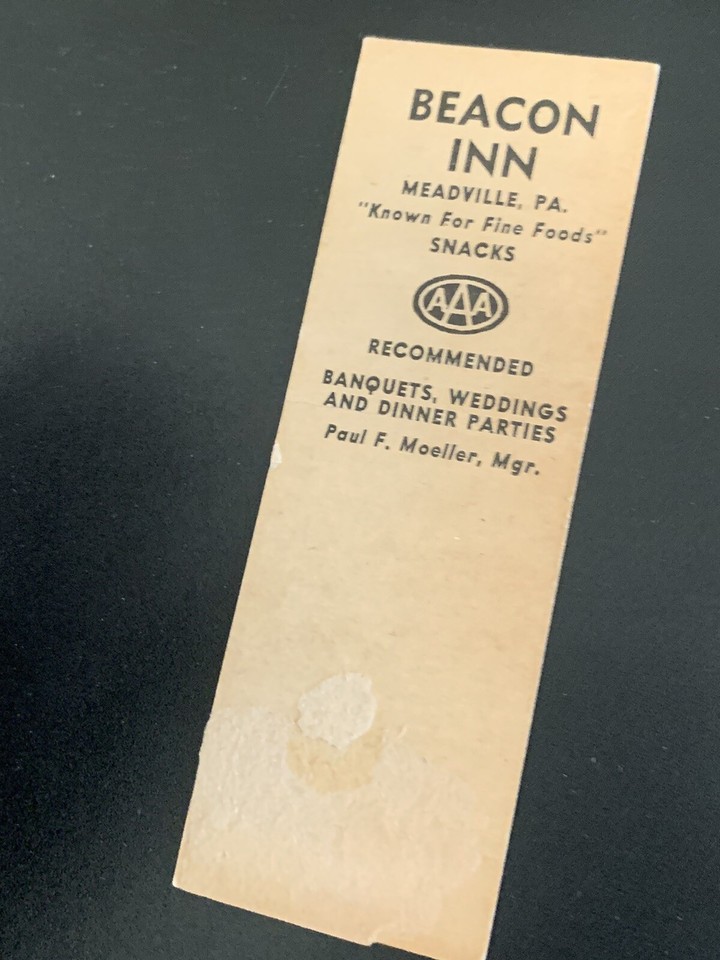 Vintage Pennsylvania Matchbook: “Beacon Inn” Meadville, PA | eBay