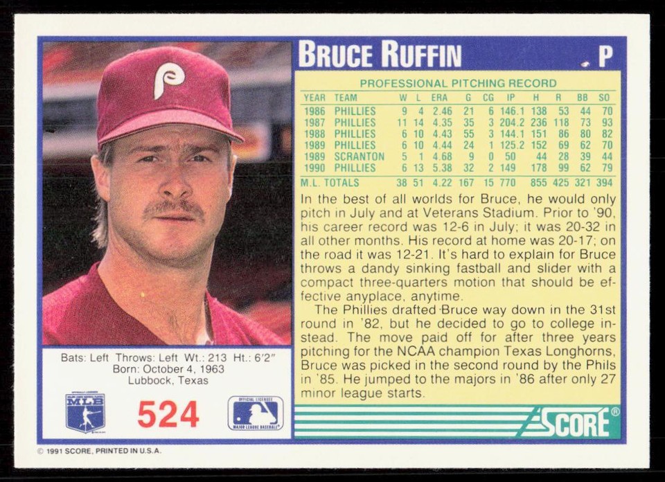 1991 Score 524 Bruce Ruffin Philadelphia Phillies | eBay