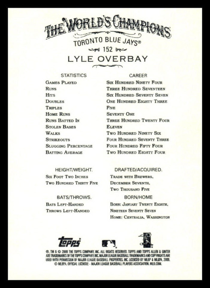 2008 Topps Allen & Ginter Lyle Overbay #152 Toronto Blue Jays | eBay