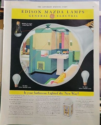 1931 GE Edison Mazda lamps bulbs lighting vintage bathroom design ad | eBay