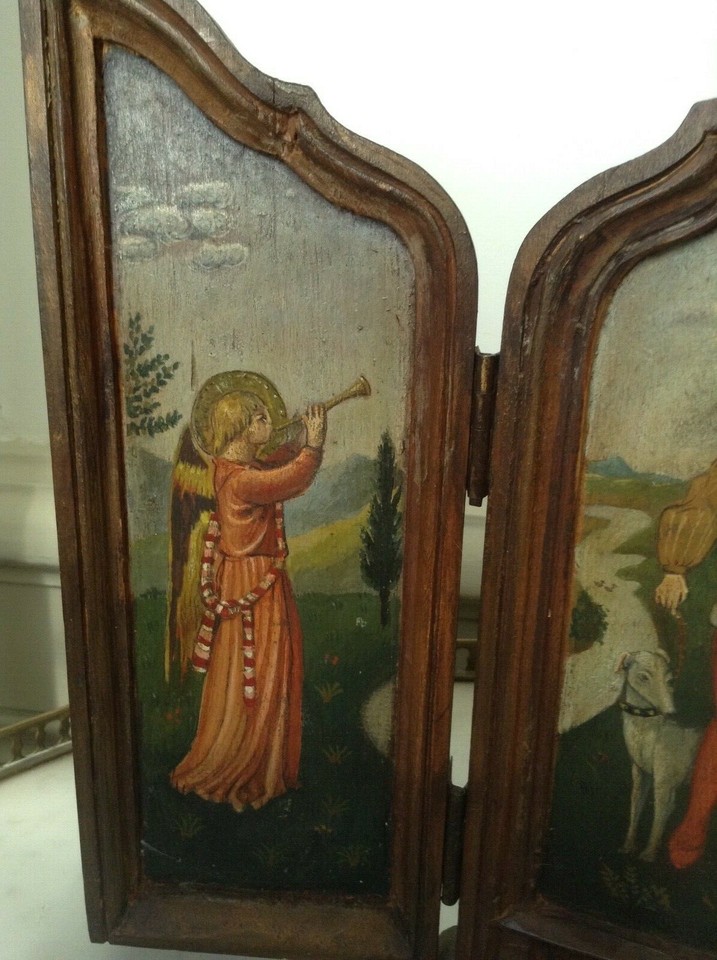 19th Century ANTIQUE TRIPTYCH Angel Figures Dog Middle Ages RARE Oil ...