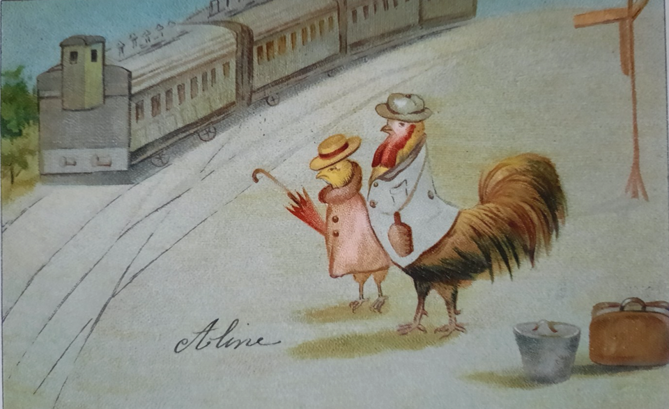 Postcard Hen & Chick,Humour,Train.Postmark Namur (Station) Belgium 1902 ...