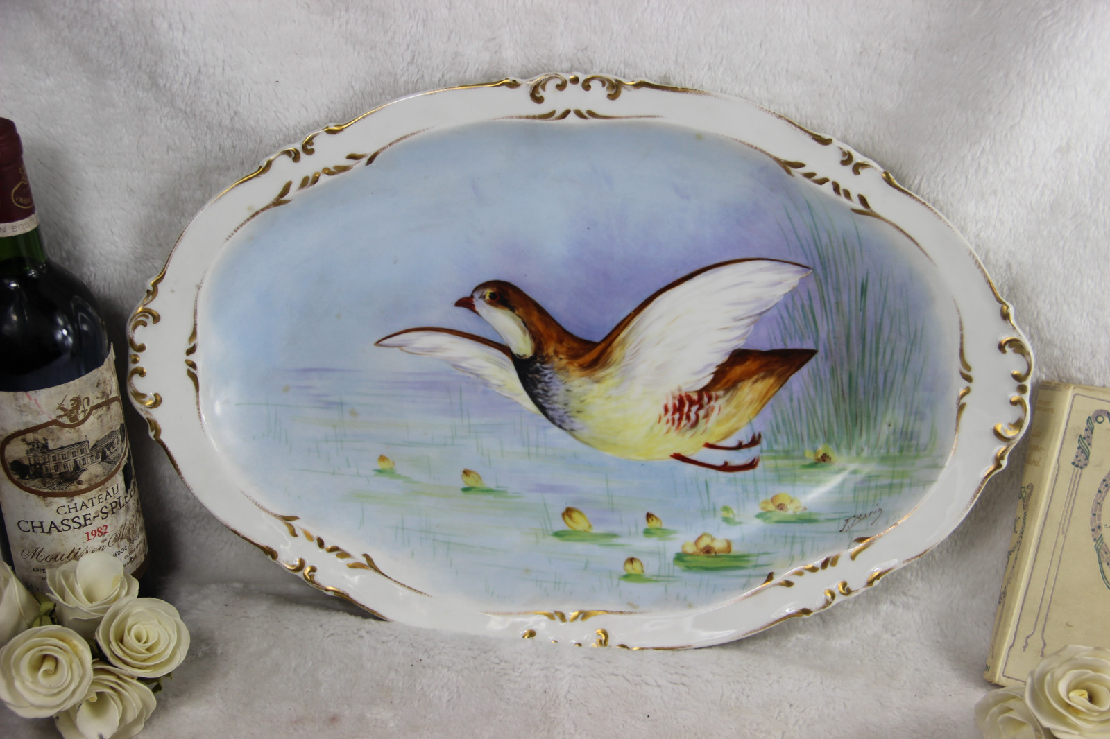 LArge French limoges marked porcelain bird pheasant tableware plate ...